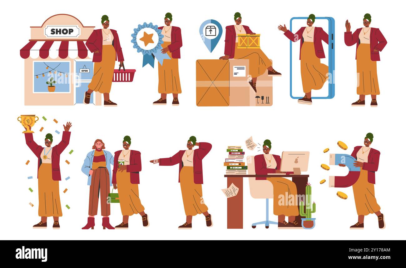 Businesswoman set. Diverse office activities and achievements ...