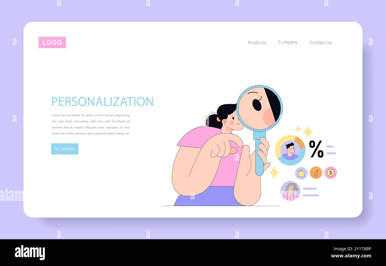 Personalization concept. Cartoon woman using magnifying glass on ...