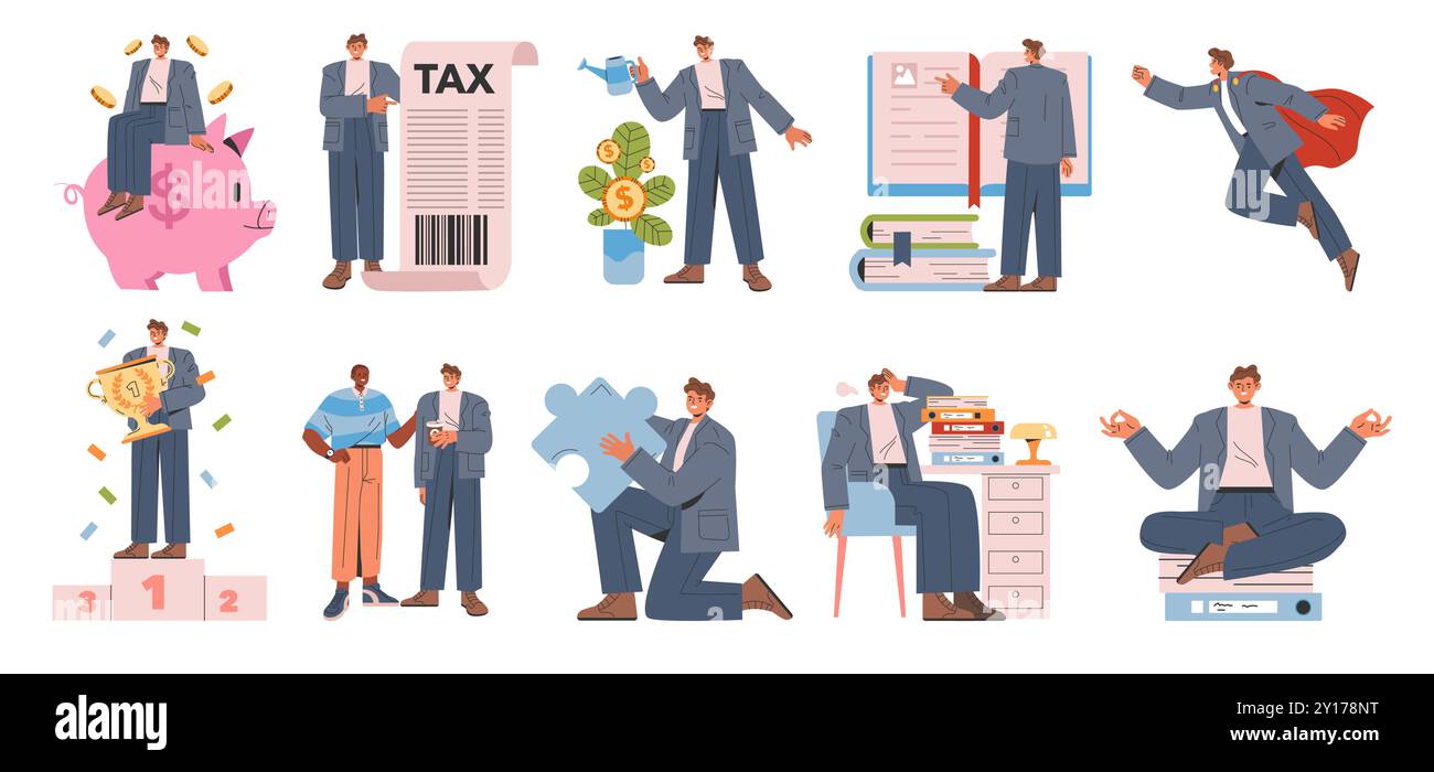 Businessman set. Diverse financial activities and achievements in ...