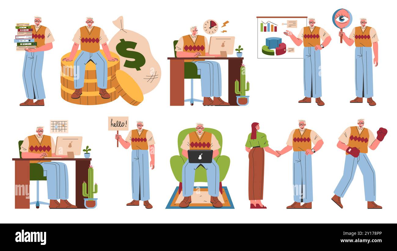 Businessman set. Senior executive activities like working, presenting ...