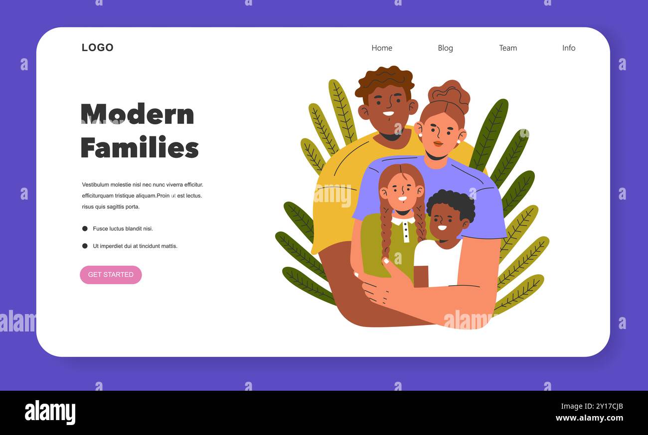 Modern Families concept. Multiracial parents embracing children with warmth and joy against a ...