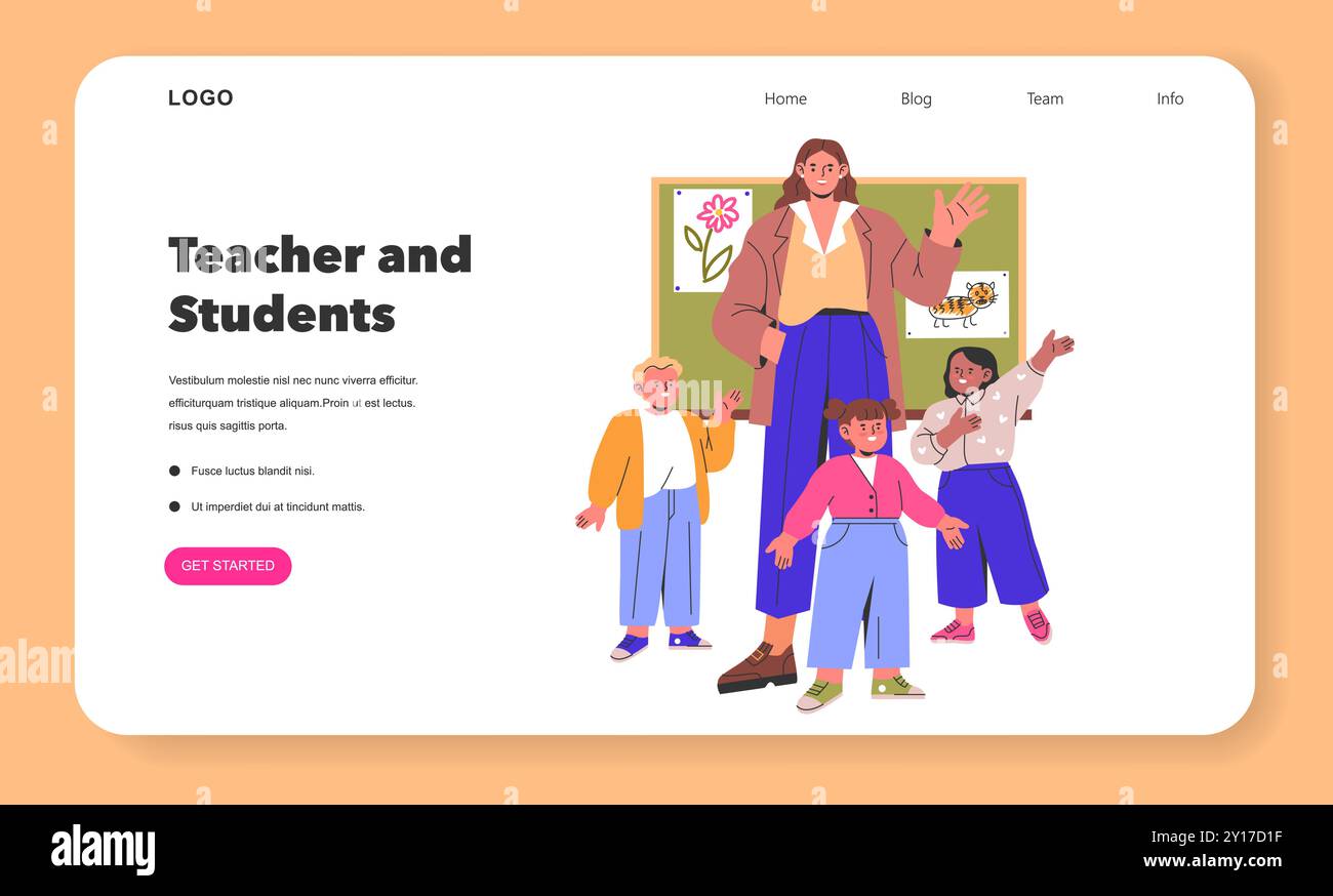 Teacher and Students concept. An illustration of a cheerful educator with diverse young learners ...