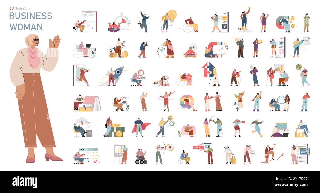 Business Woman set. Professional activities, career growth, and ...