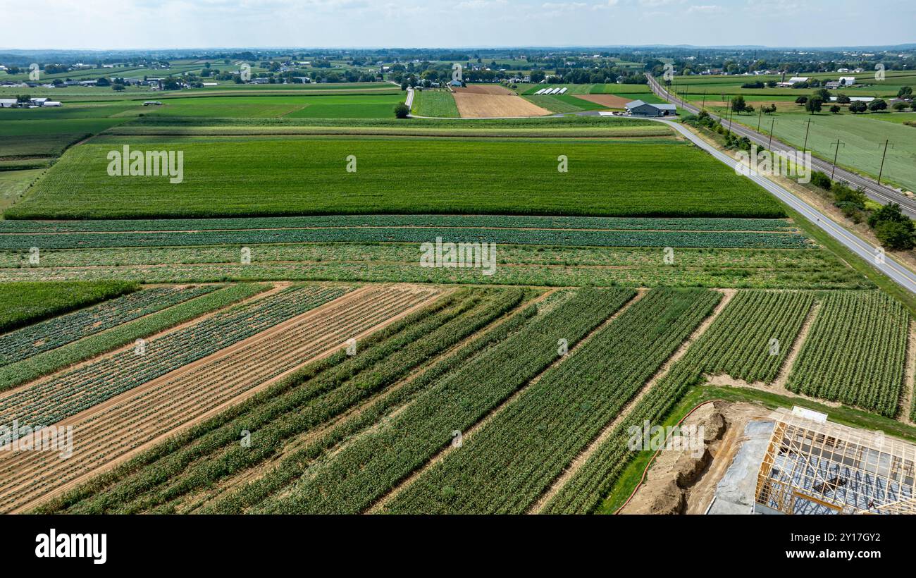 The landscape reveals expansive fields of varied crops, bordered by a ...