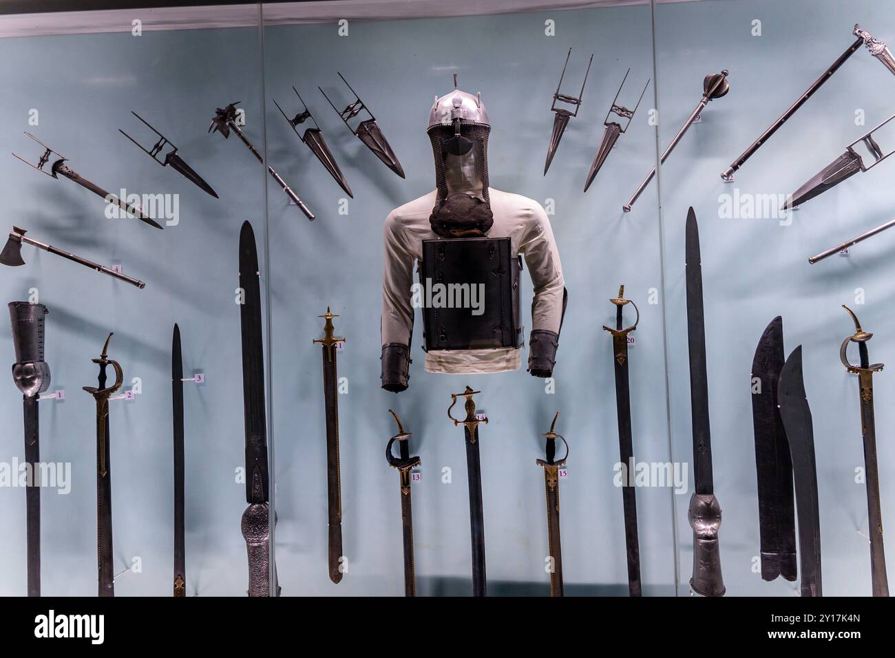 soldier with ancient hand weapons used for war fighting at indoor Stock ...