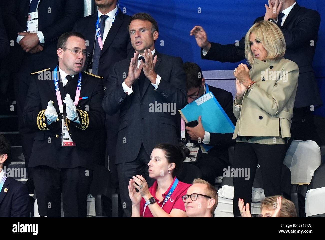 Emmanuel Macron, President of France, with his wife Brigitte, watching ...