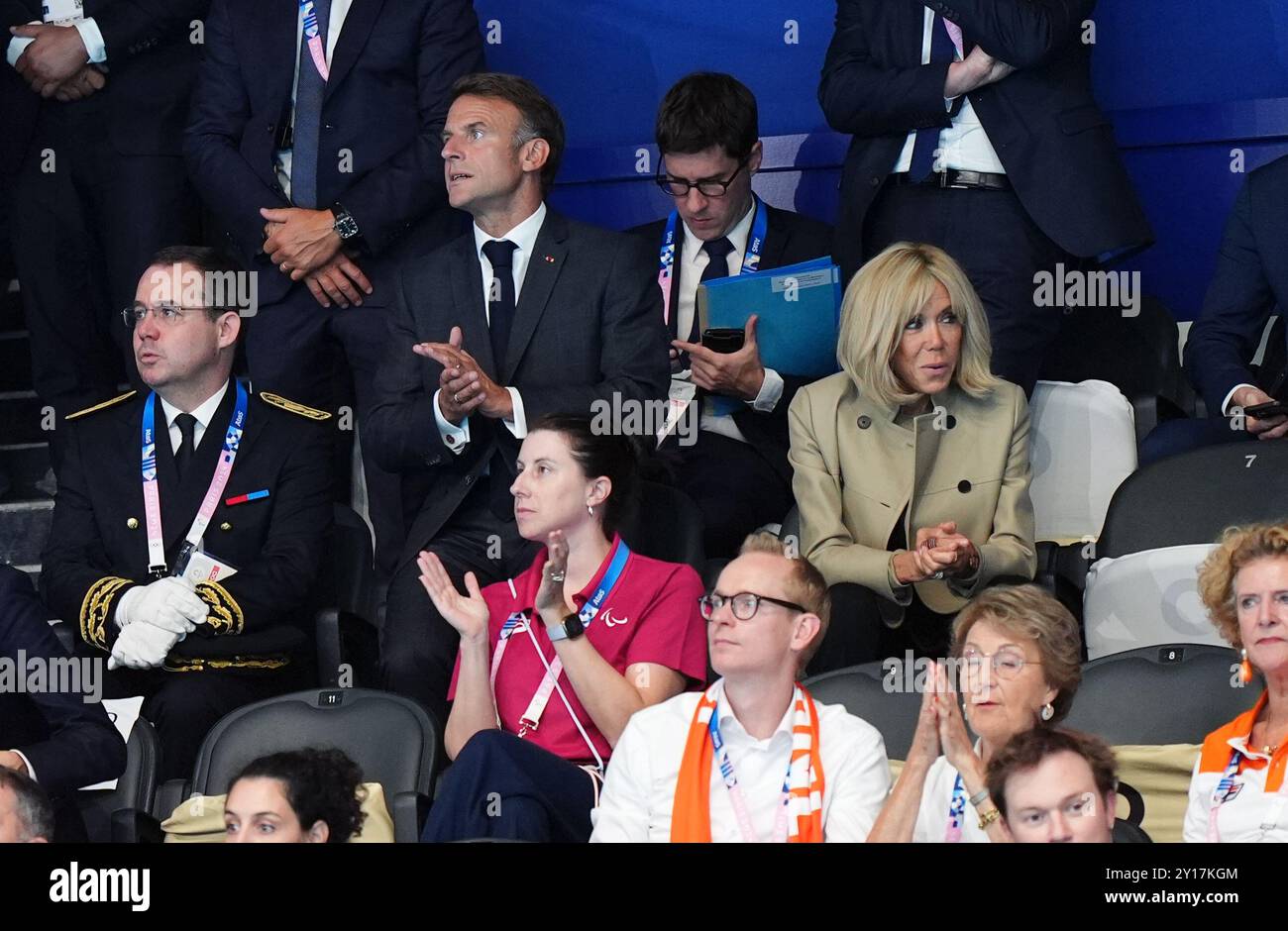 Emmanuel Macron, President of France, with his wife Brigitte, watching ...