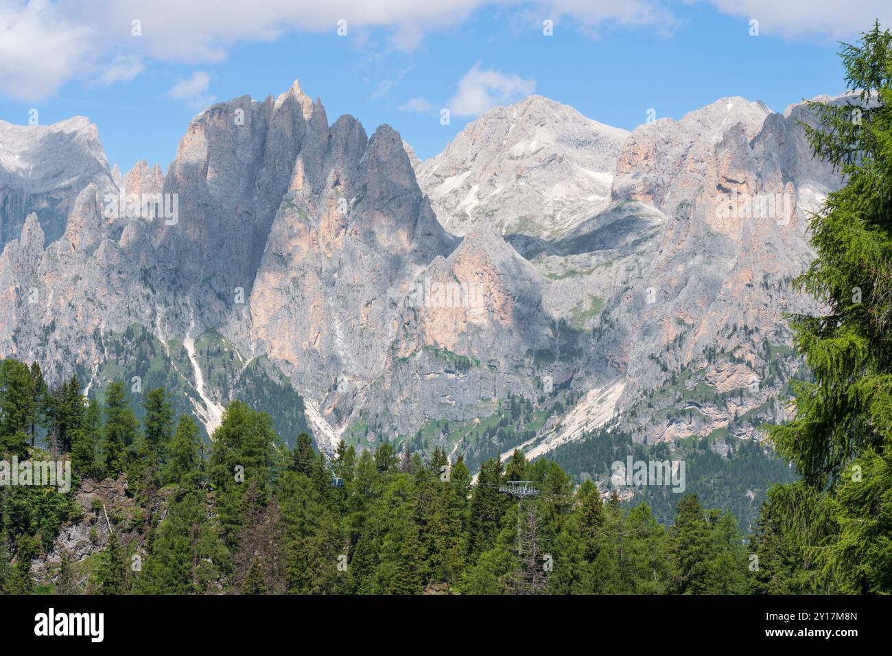 Val di Fassa valley, view of rocky mountains of Rosengarten group ...