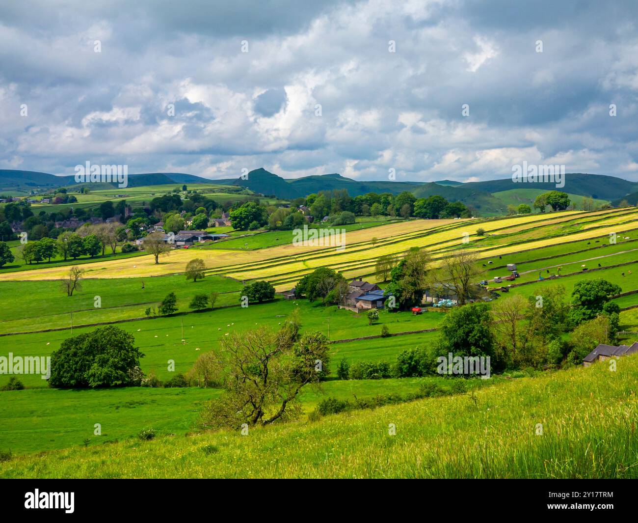 Farm buildings in landscape near Longnor in the Peak District National ...