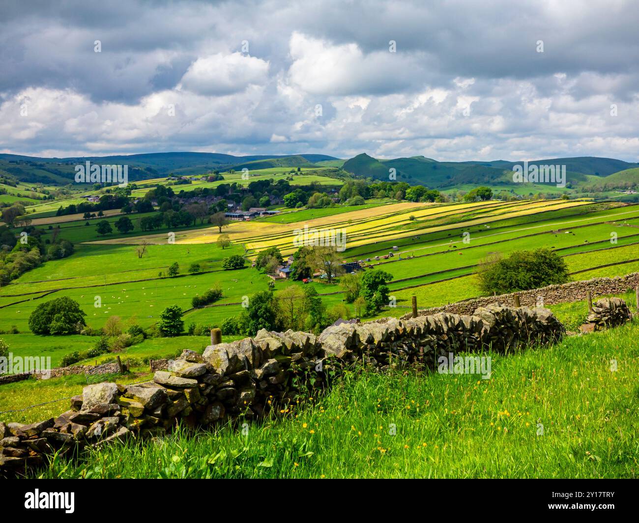 Farm buildings in landscape near Longnor in the Peak District National ...