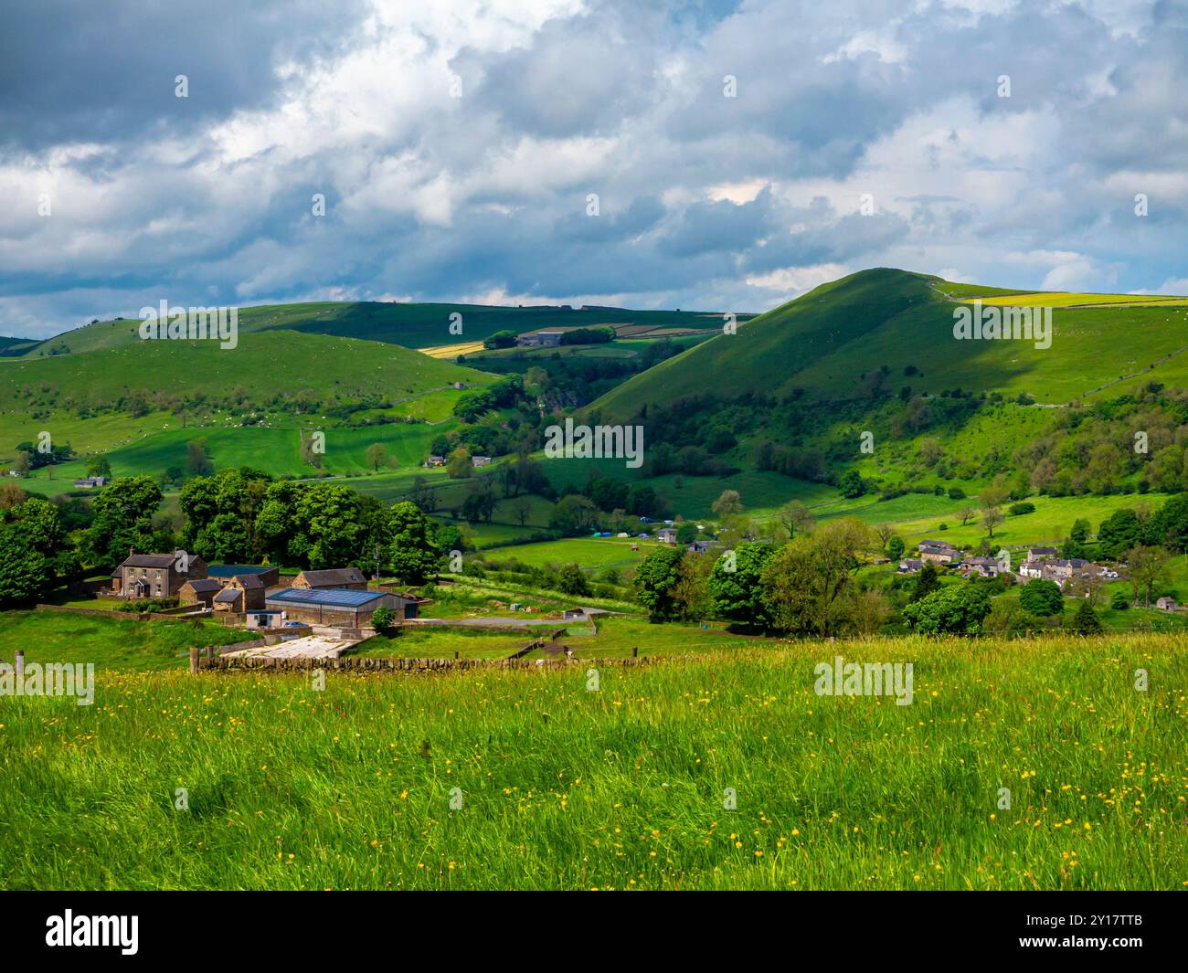 Farm buildings in landscape near Longnor in the Peak District National ...