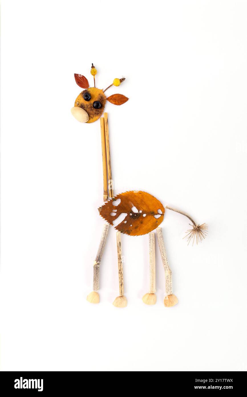 autumn nature craft for kids, giraffe made of leaf, top view, activity ...