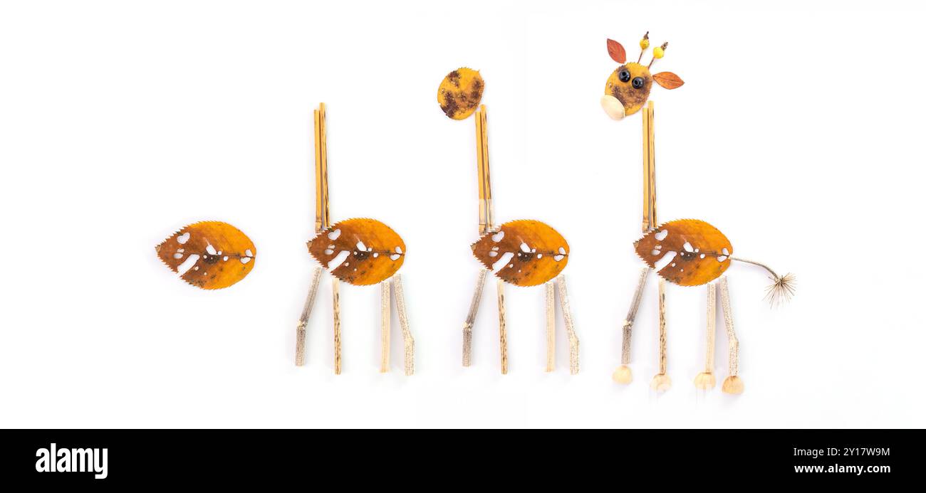autumn nature craft for kids, giraffe made of dry leaf, top view ...