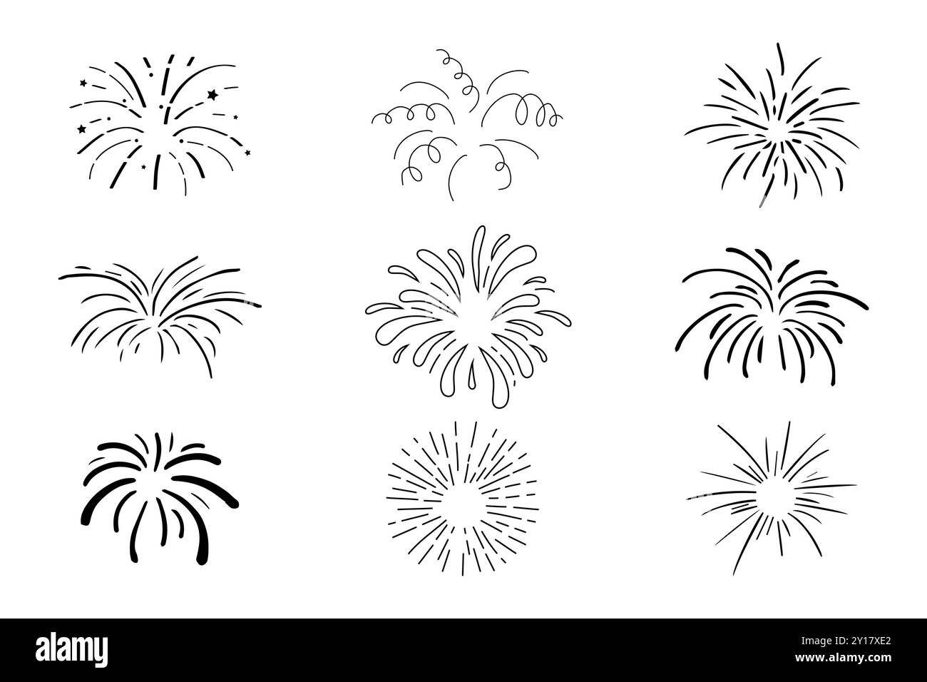 Set fireworks doodle line explosion radial sparkler with rays, hand ...