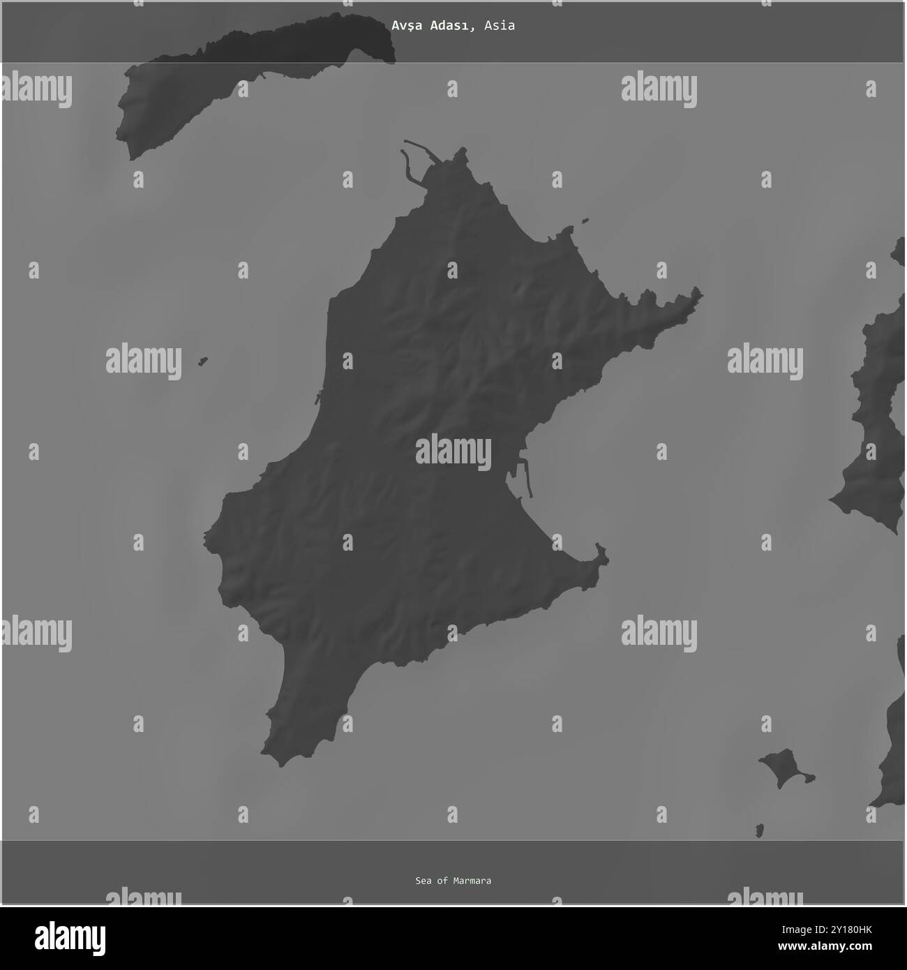 Avsa Adas in the Sea of Marmara, belonging to Turkiye, cropped to square on a bilevel elevation ...