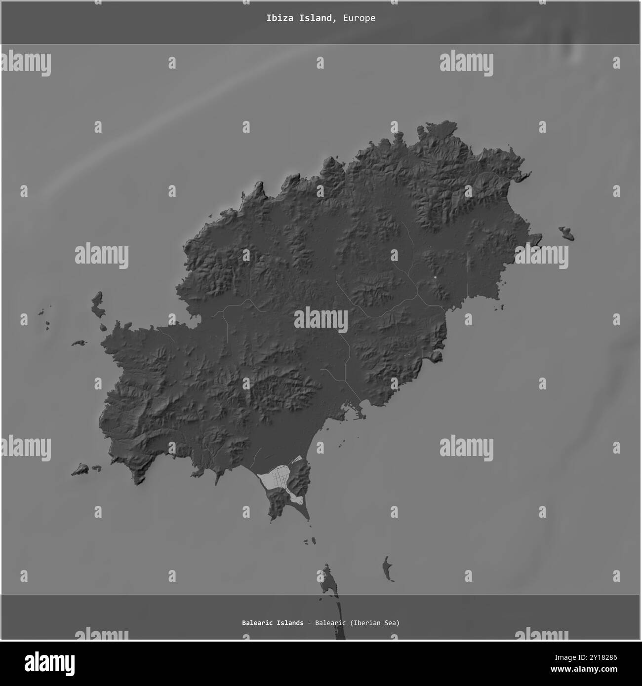 Ibiza Island in the Balearic (Iberian Sea), belonging to Spain, cropped ...