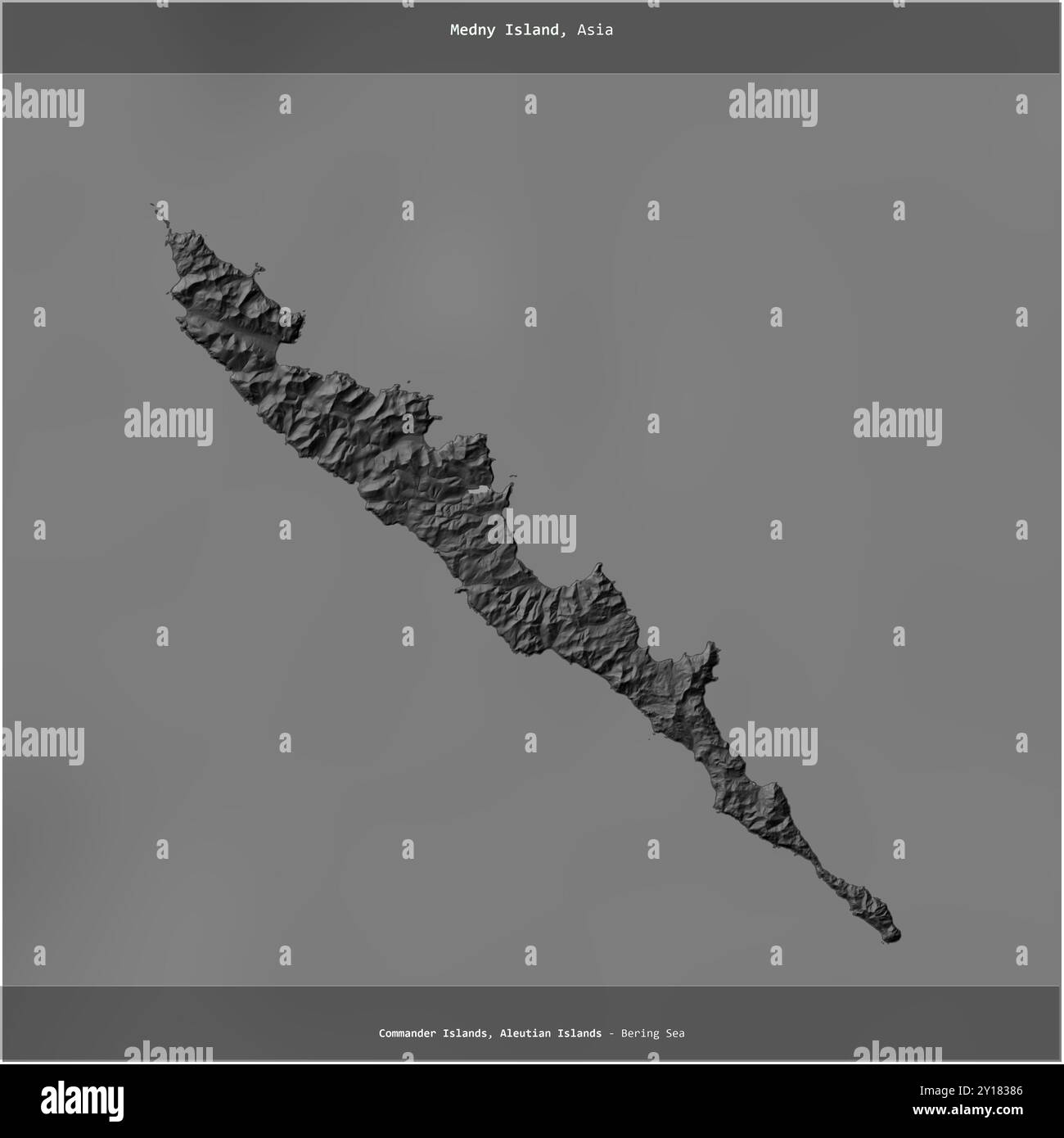 Medny Island in the Bering Sea, belonging to Russia, cropped to square ...