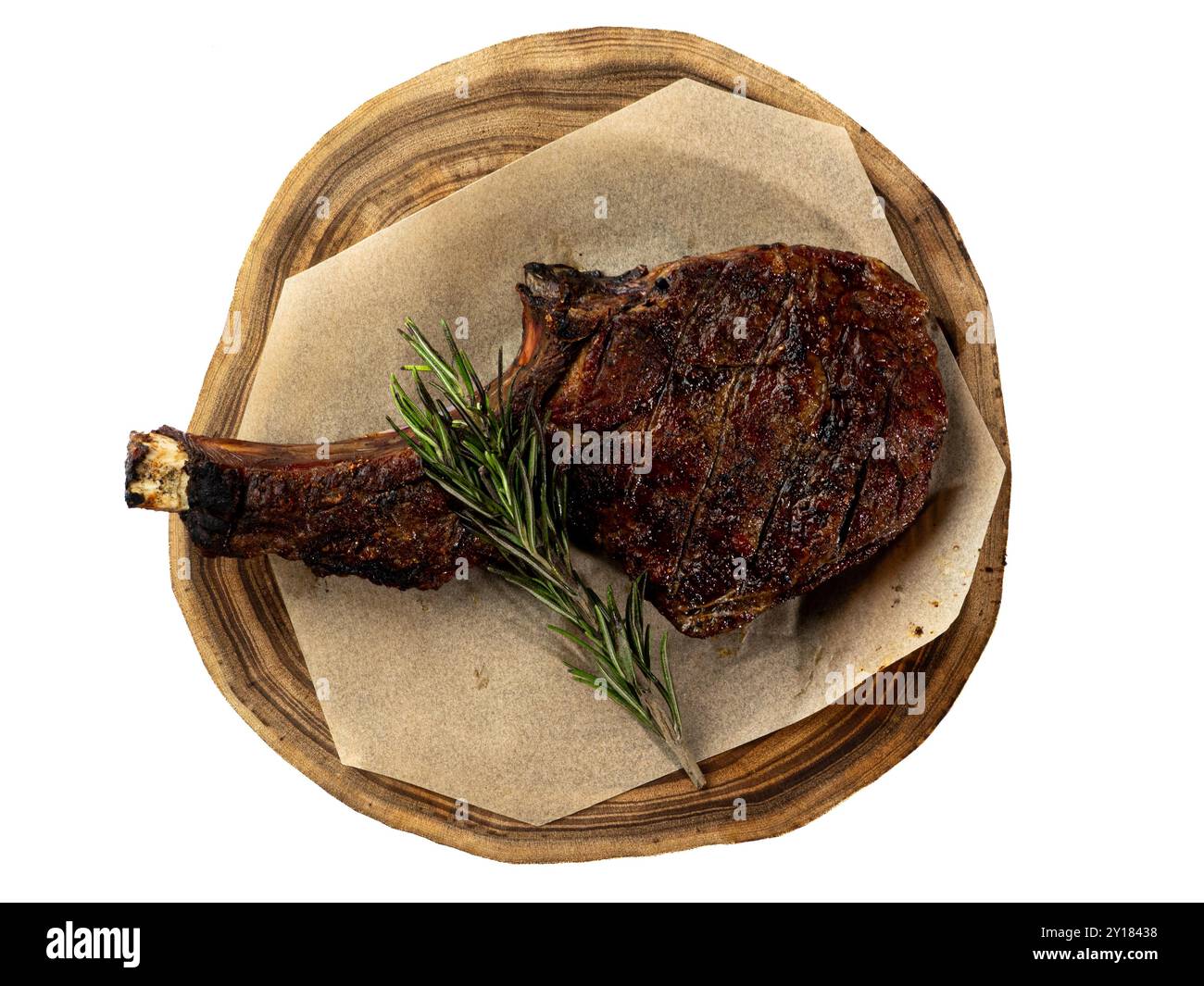 Gourmet Grilled Tomahawk Steak with Rosemary on Rustic Wooden Platter ...