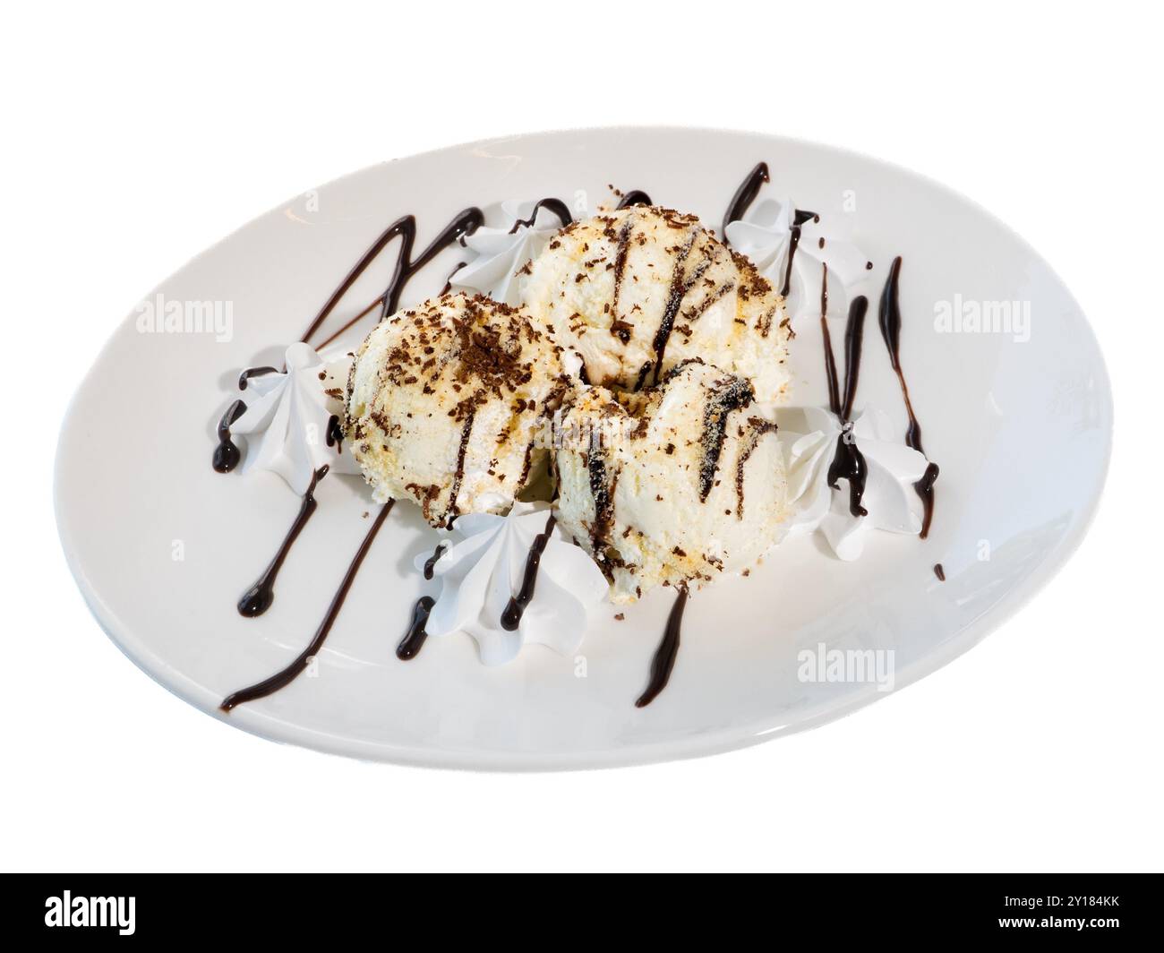 Decadent Vanilla Ice Cream Scoops with Chocolate Drizzle on White Plate ...