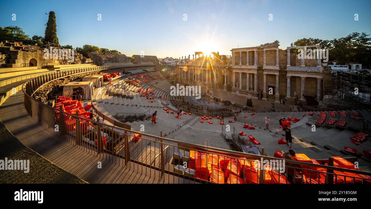 Merida, Spain, Aug 15 2024, Stunning sunset view of the Roman Theatre ...
