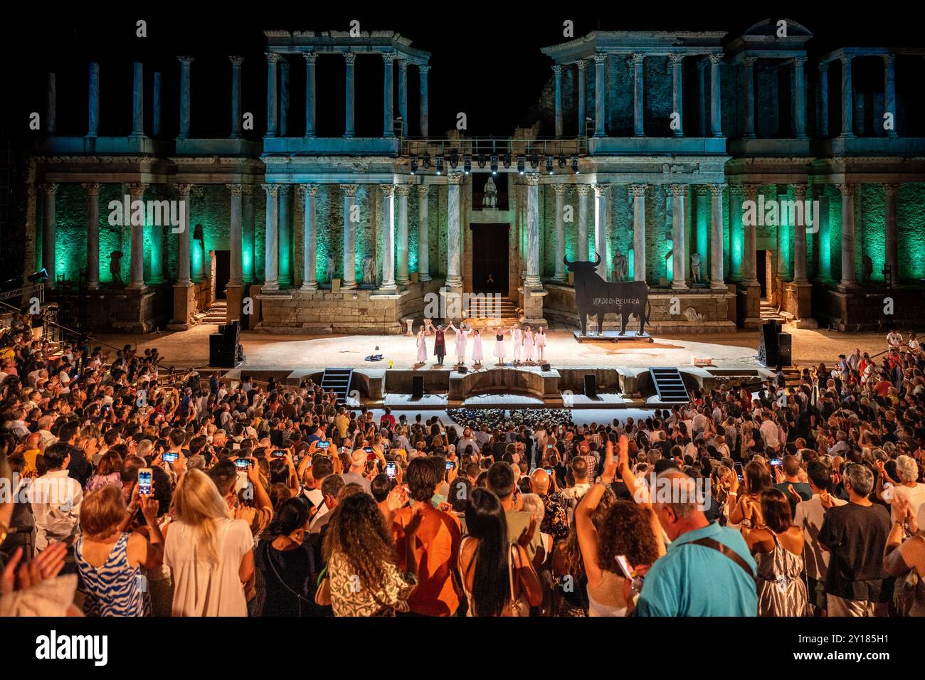 Merida, Spain, Aug 15 2024, The cast of the play Tiresias takes a bow ...
