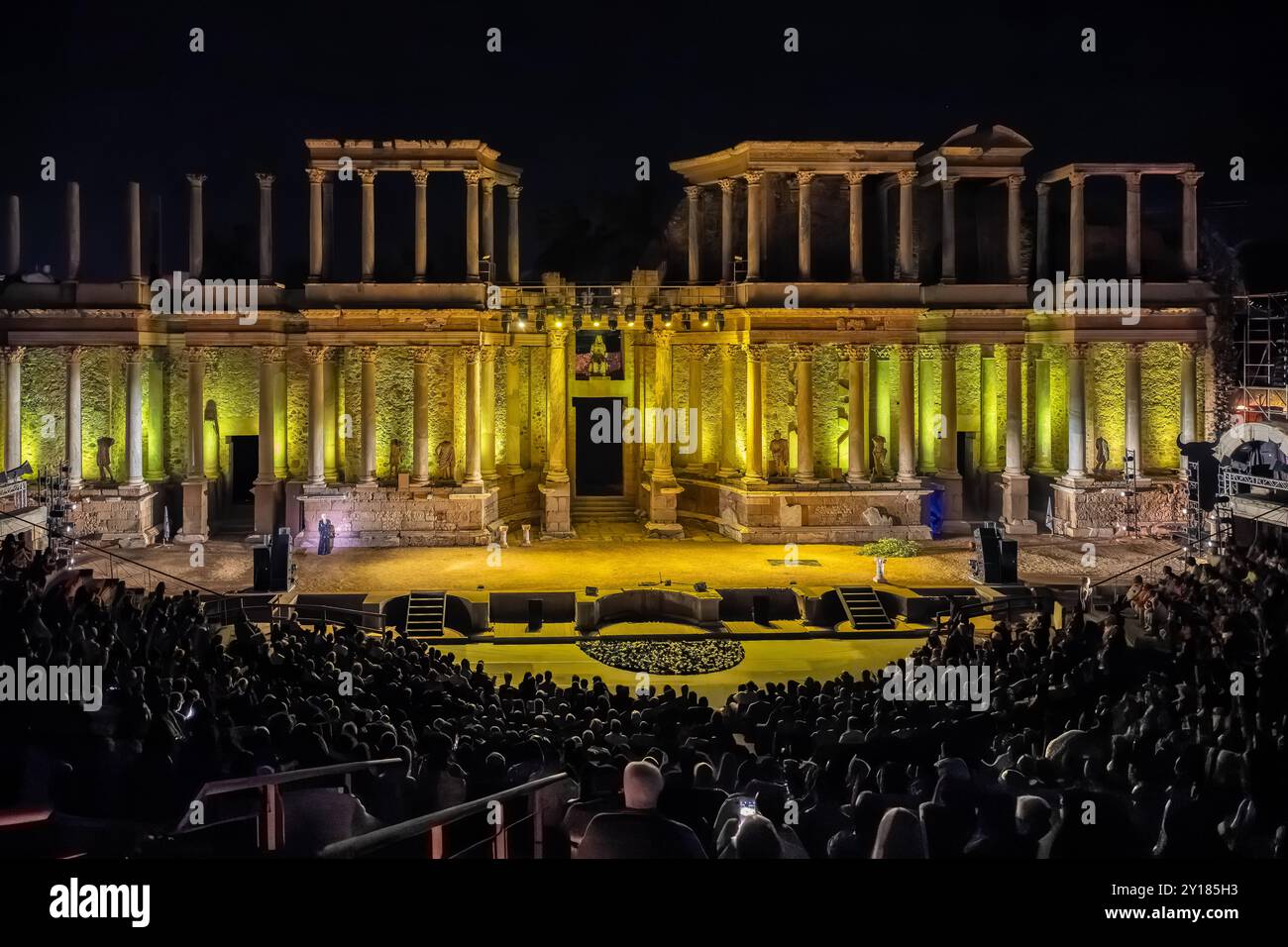 Merida, Spain, Aug 15 2024, A vibrant night performance at the historic ...