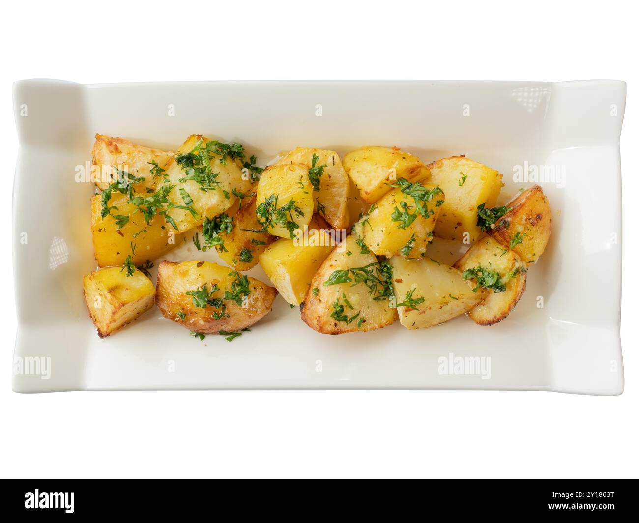 Rustic Roasted Potatoes with Fresh Herbs on Elegant White Plate Stock ...