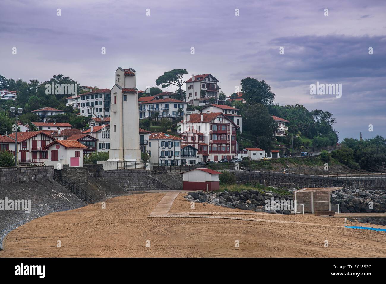Beach, town and lighthouse of Saint-Jean-de-Luz in the Basque country ...