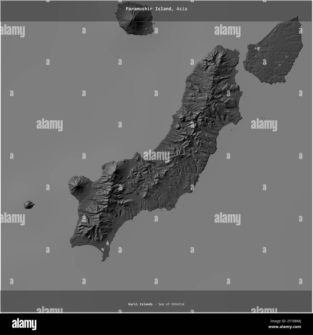 Paramushir Island in the Sea of Okhotsk, belonging to Russia, cropped ...