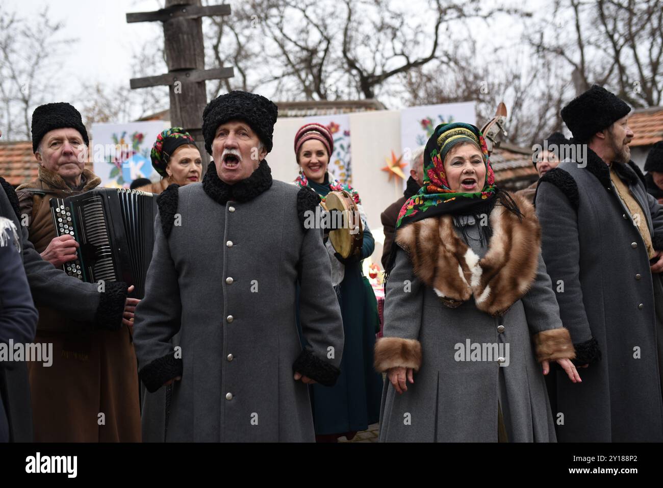 The Ukrainian folk song and dance ensemble in national costumes holds a ...
