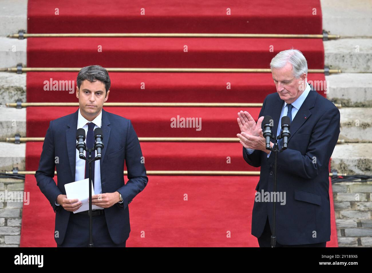 French outgoing Prime Minister Gabriel Attal and her successor Michel ...