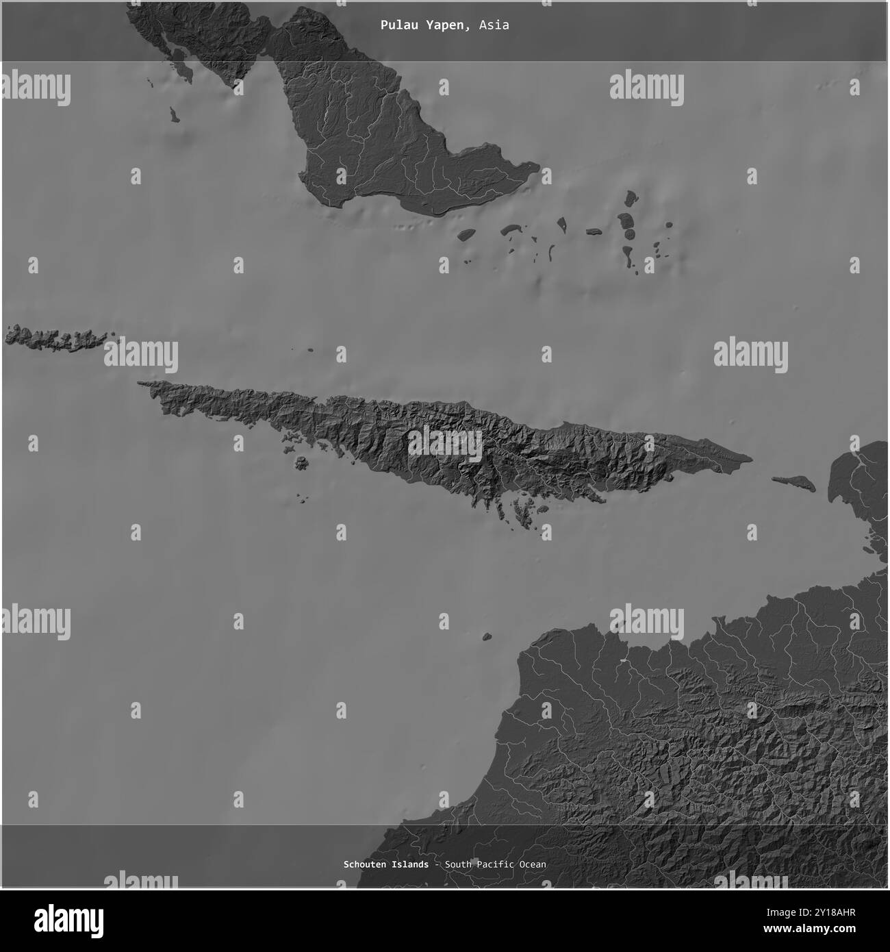 Pulau Yapen in the South Pacific Ocean, belonging to Indonesia, cropped to square on a bilevel ...