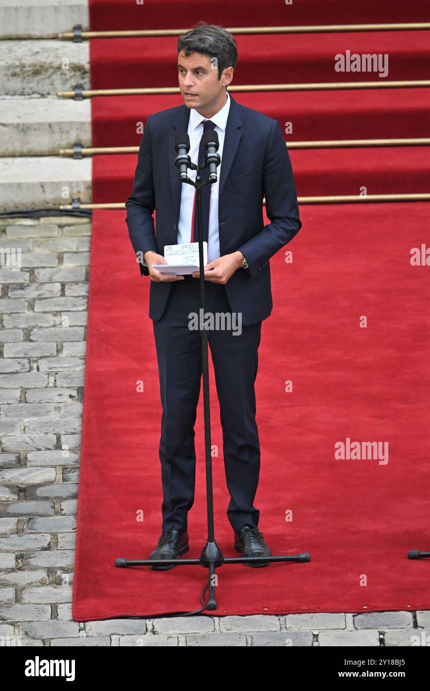 French outgoing Prime Minister Gabriel Attal during the handover ...