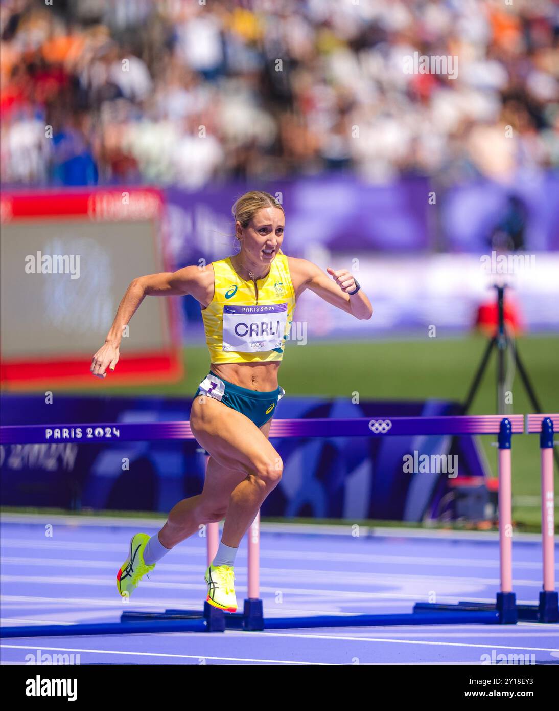 Sarah Carli participating in the 400 meters hurdles at the Paris 2024 ...