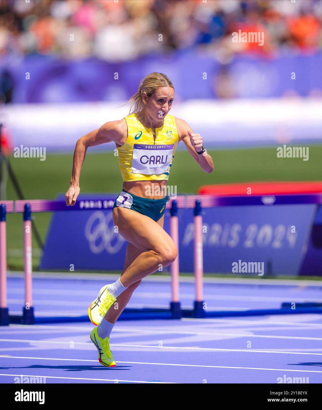 Sarah Carli participating in the 400 meters hurdles at the Paris 2024 ...