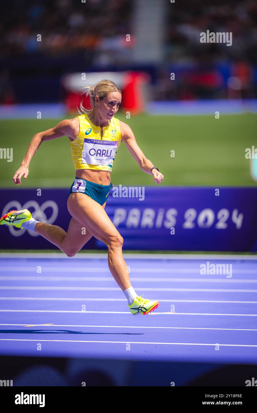 Sarah Carli participating in the 400 meters hurdles at the Paris 2024 ...