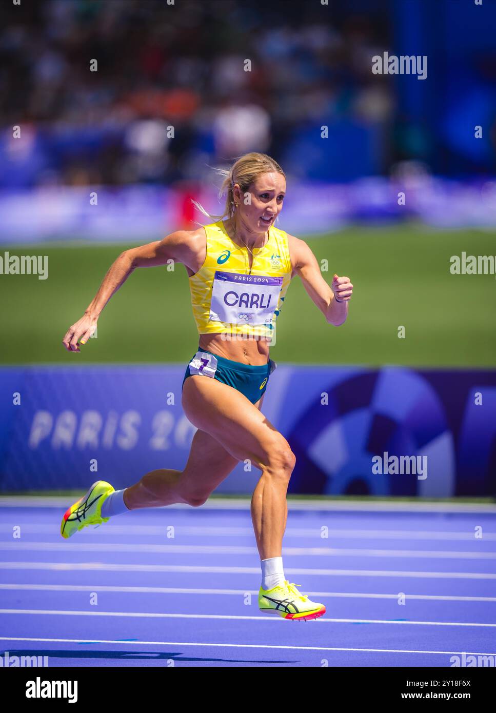 Sarah Carli participating in the 400 meters hurdles at the Paris 2024 ...