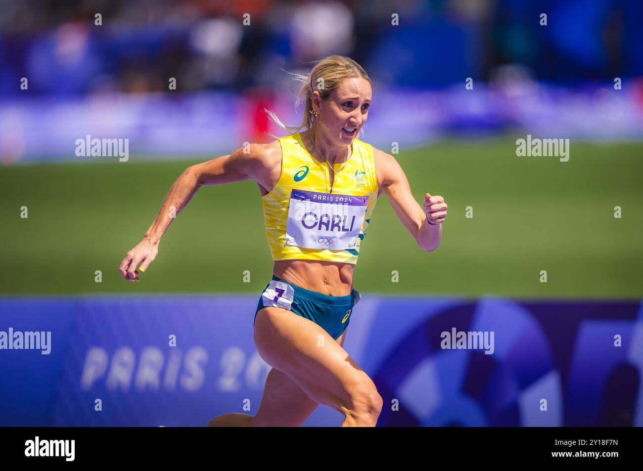 Sarah Carli participating in the 400 meters hurdles at the Paris 2024 ...