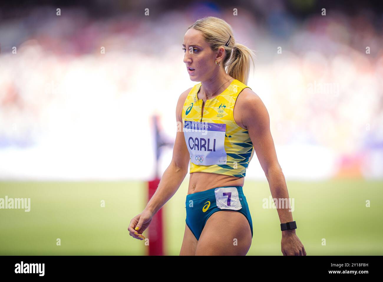 Sarah Carli participating in the 400 meters hurdles at the Paris 2024 ...