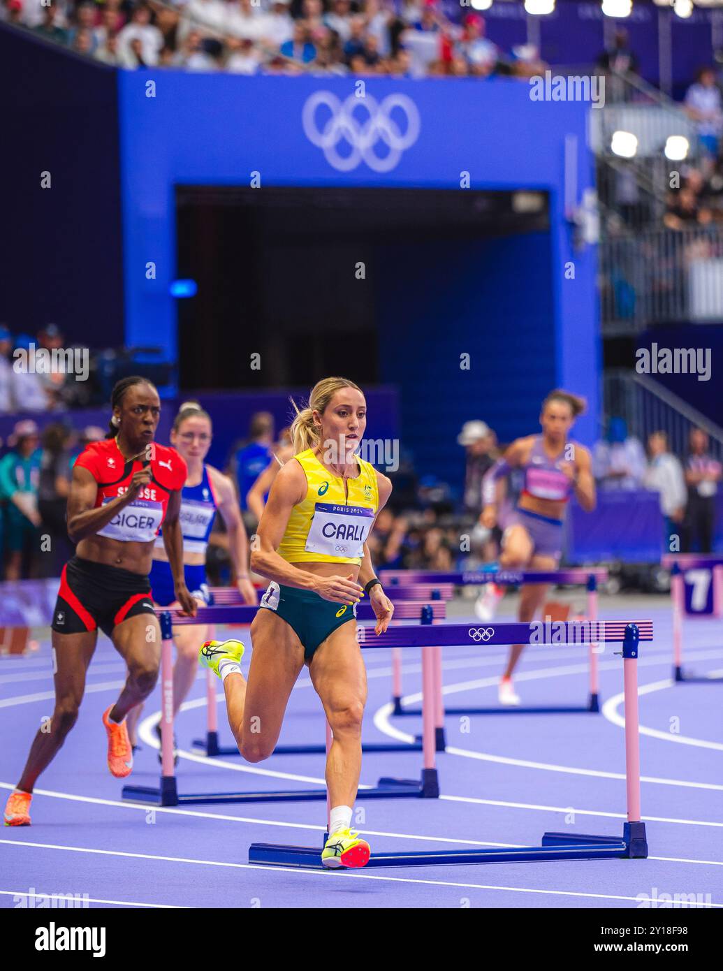 Sarah Carli participating in the 400 meters hurdles at the Paris 2024 ...