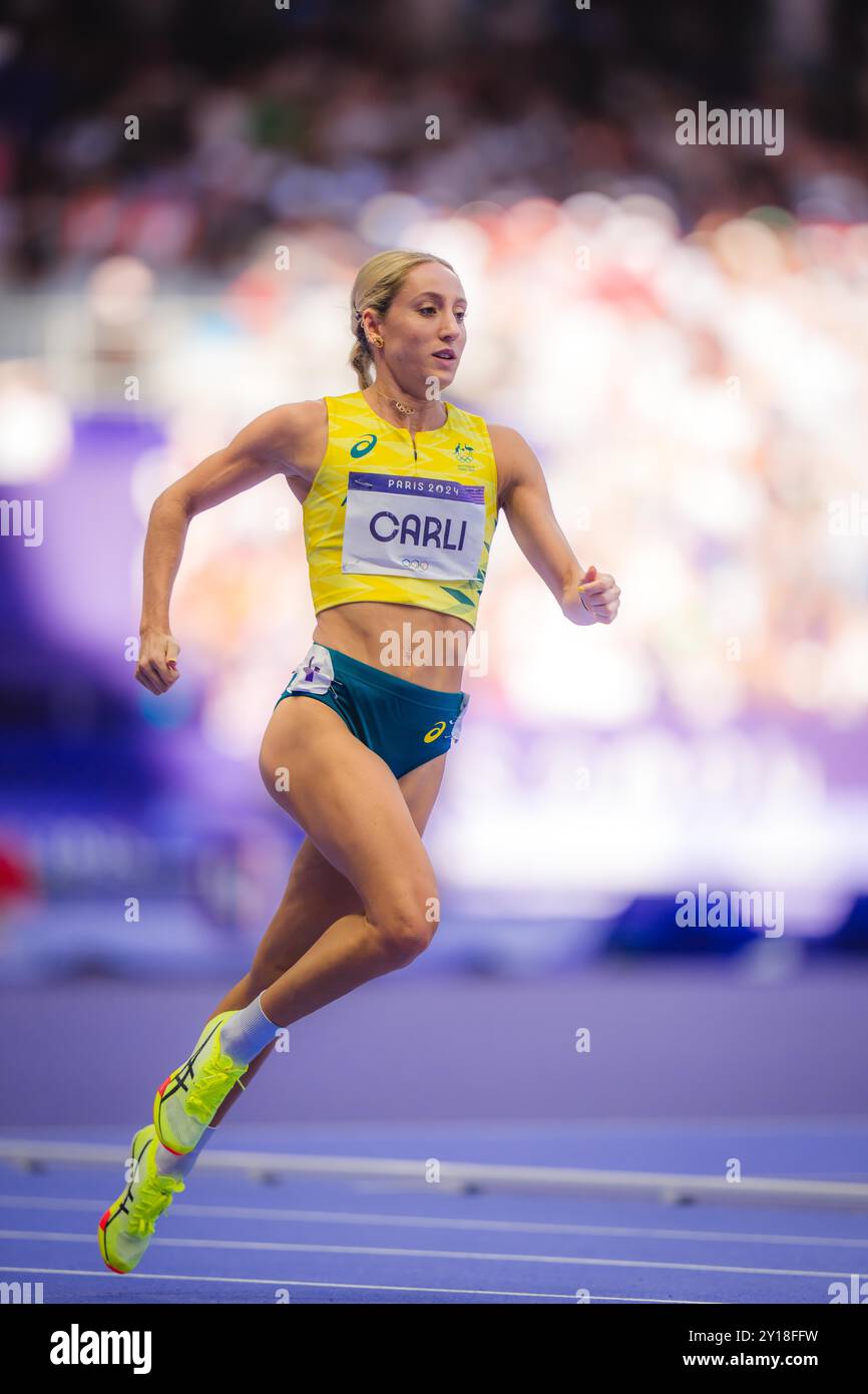 Sarah Carli participating in the 400 meters hurdles at the Paris 2024 ...