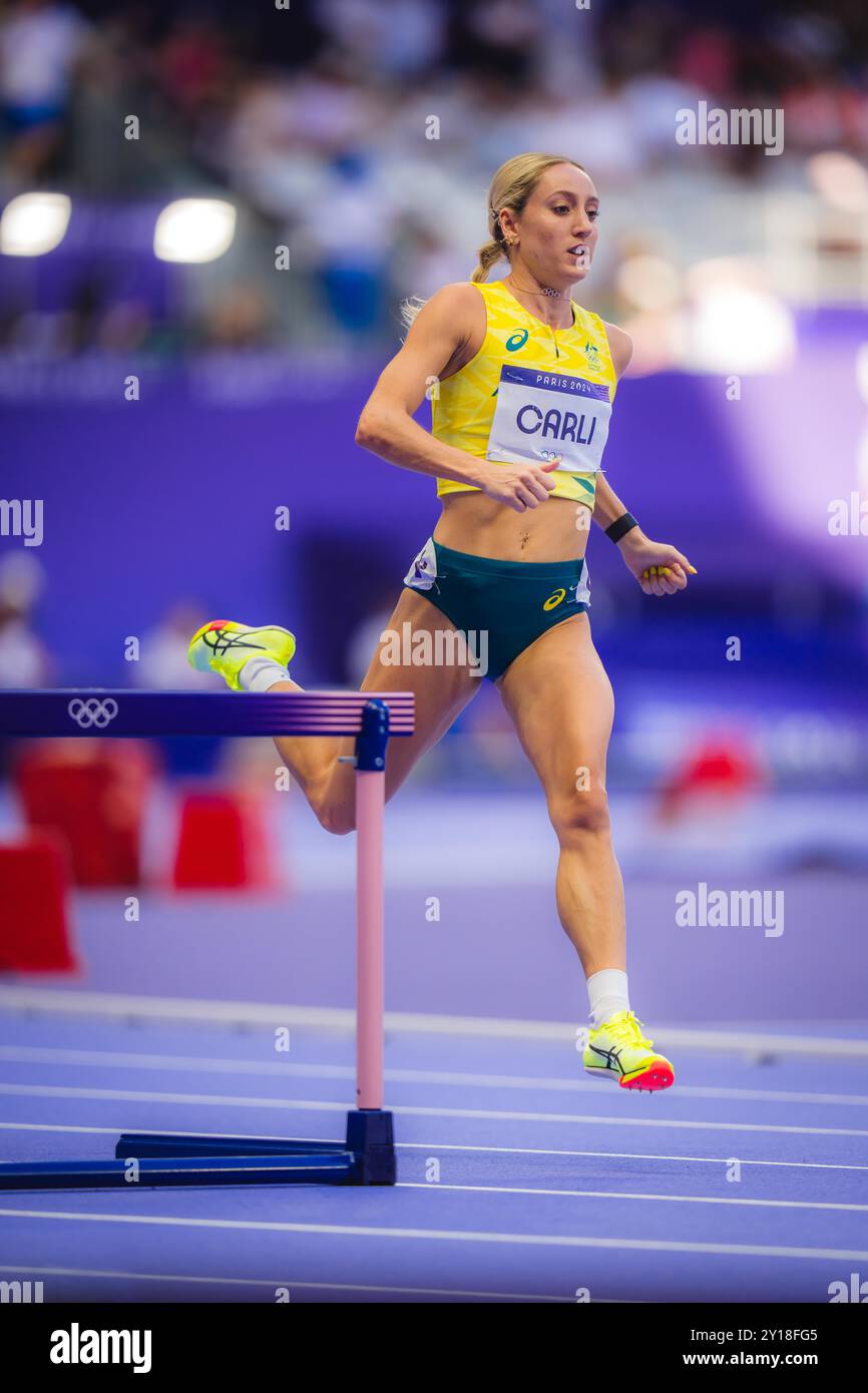 Sarah Carli participating in the 400 meters hurdles at the Paris 2024 ...