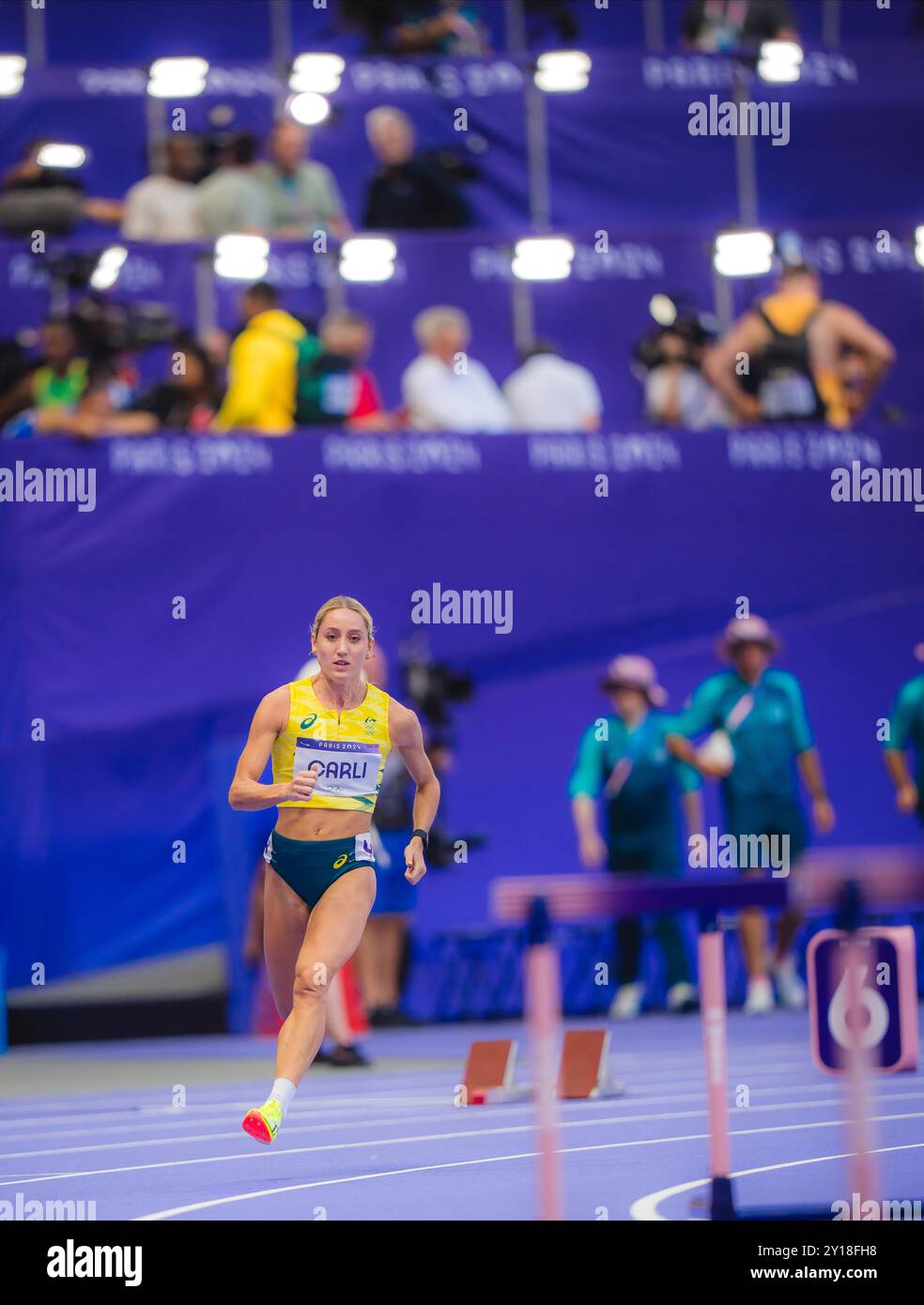 Sarah Carli participating in the 400 meters hurdles at the Paris 2024 ...