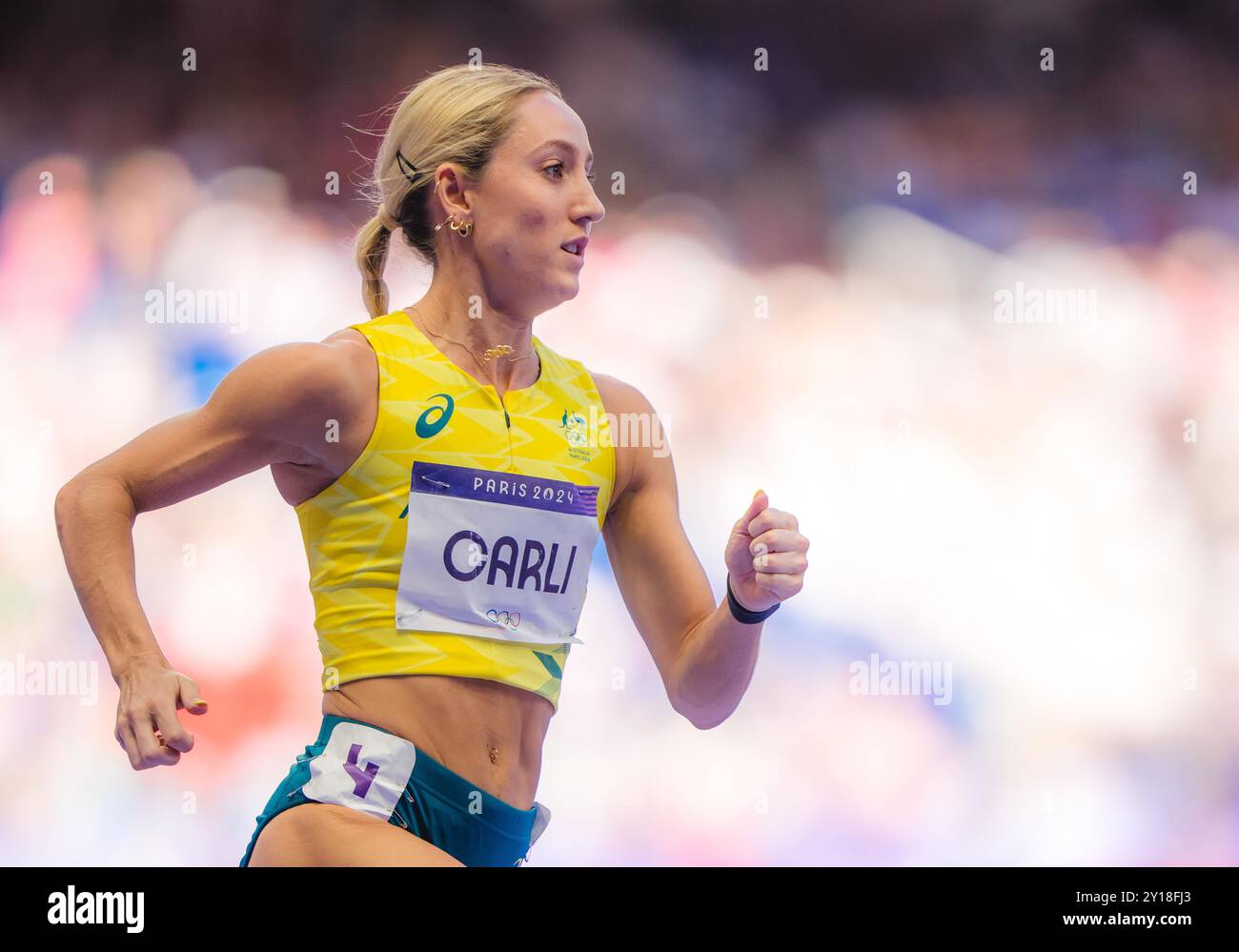 Sarah Carli participating in the 400 meters hurdles at the Paris 2024 ...