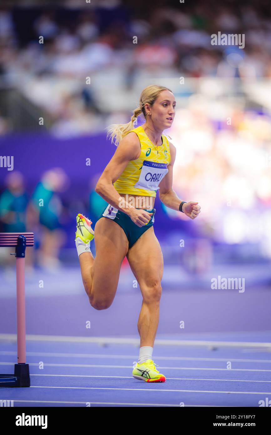 Sarah Carli participating in the 400 meters hurdles at the Paris 2024 ...