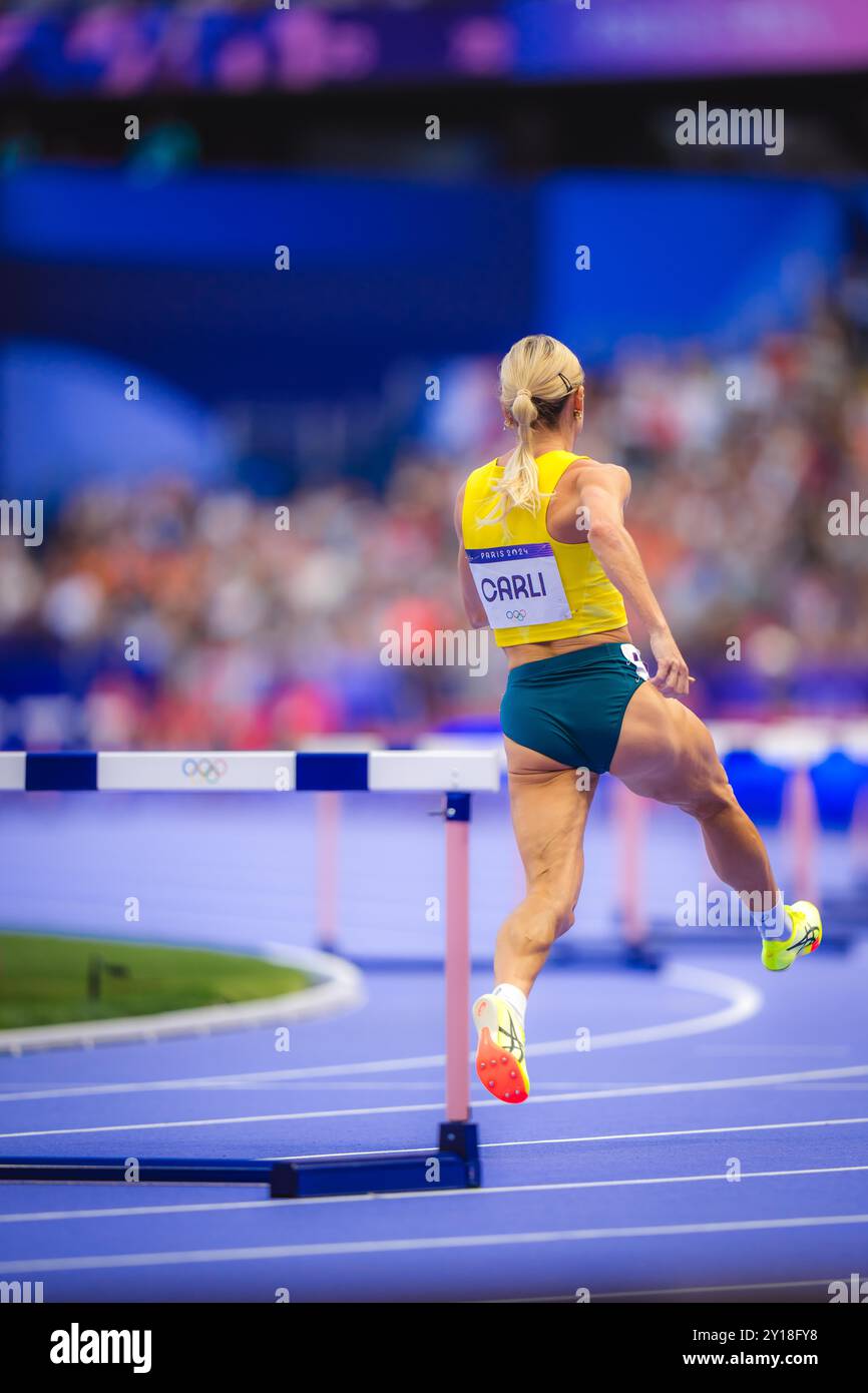 Sarah Carli participating in the 400 meters hurdles at the Paris 2024 ...