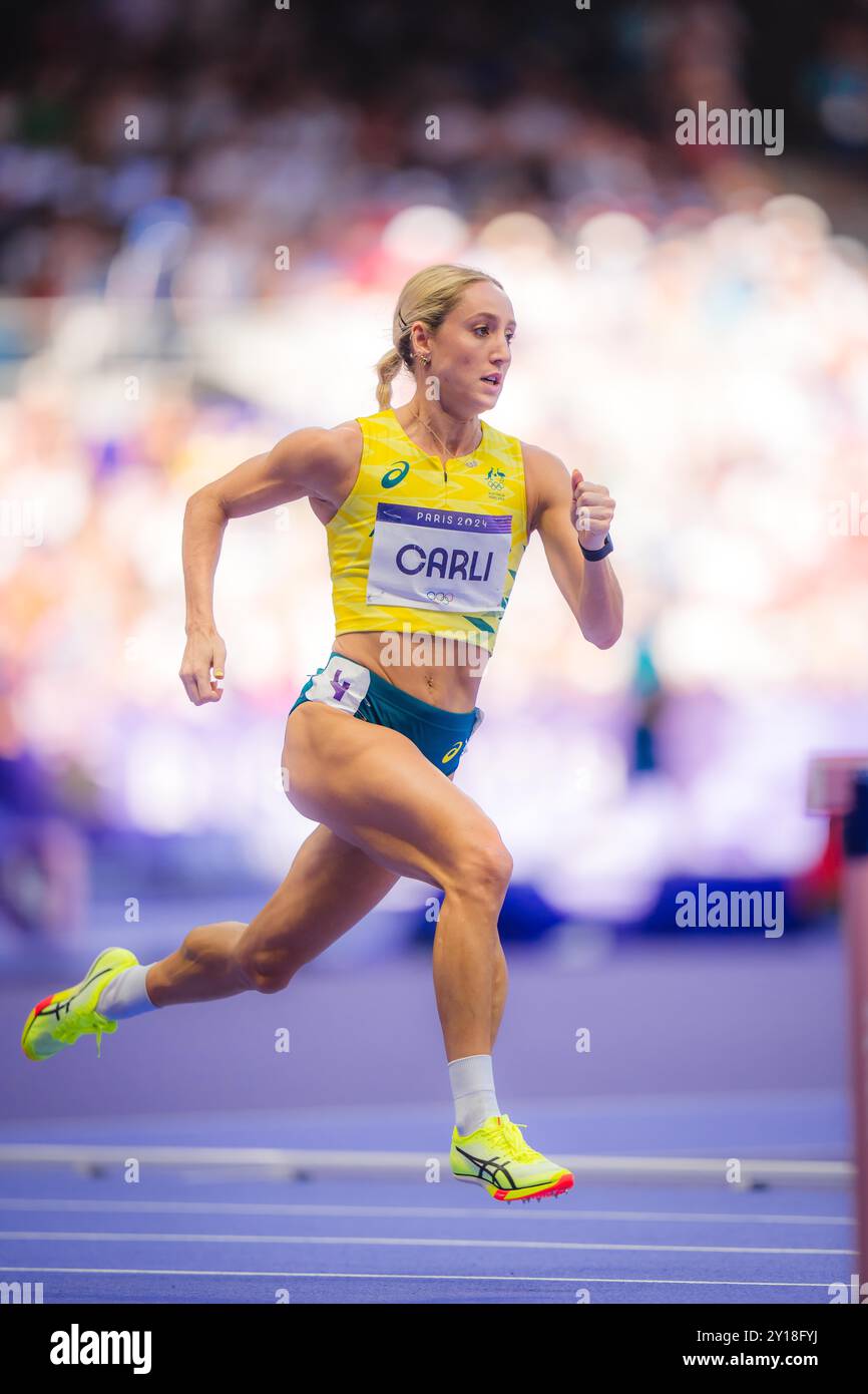 Sarah Carli participating in the 400 meters hurdles at the Paris 2024 ...