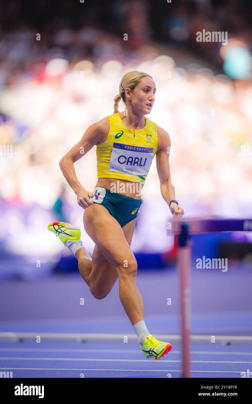 Sarah Carli participating in the 400 meters hurdles at the Paris 2024 ...