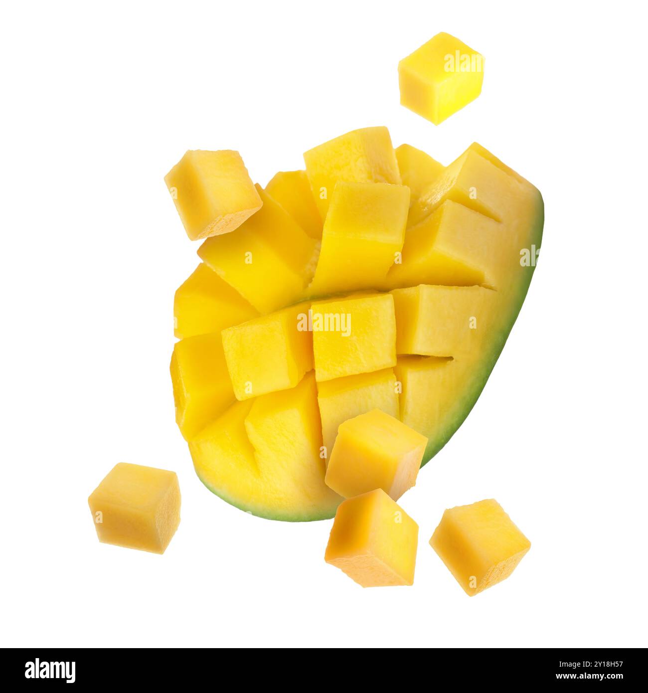 Sweet fresh mango cut in cubes flying on white background Stock Photo ...