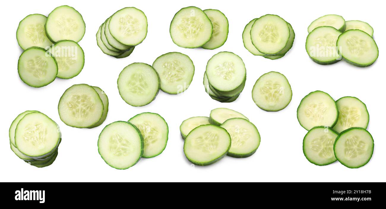 Many fresh cucumber slices on white background, collage Stock Photo - Alamy